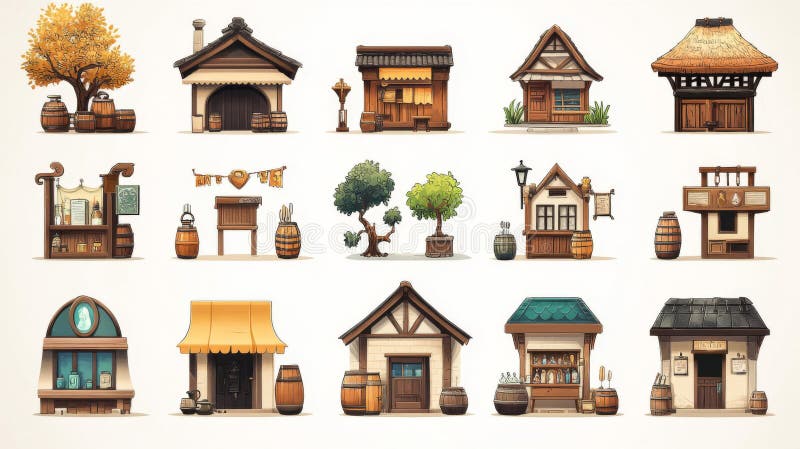 Isometric Pixel Art Buildings Featuring Various Shops and Stores ...