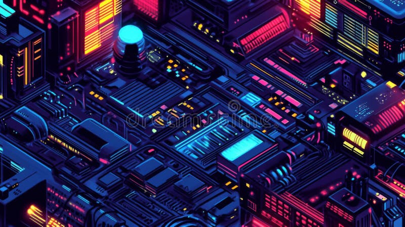 Isometric Pixel Art Circuit Board: Glowing Neon Wires and Complex ...