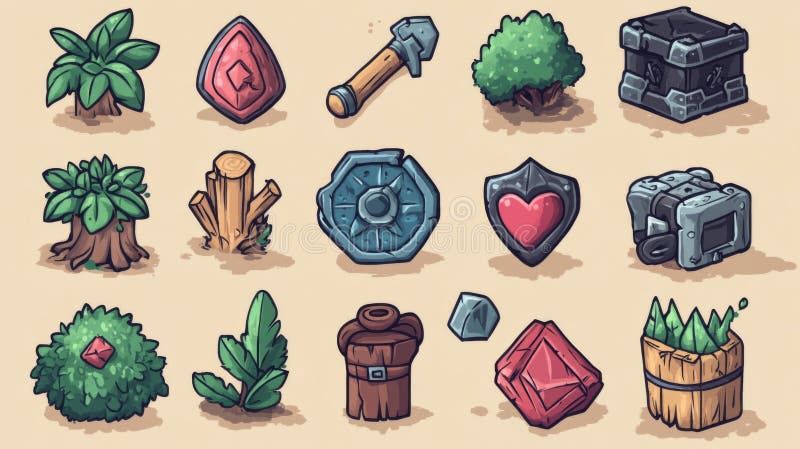 Isometric Pixel Art Collection of Game Assets on Beige Background ...
