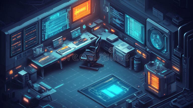 Isometric Pixel Art Control Room with Neon Lights and Detailed ...