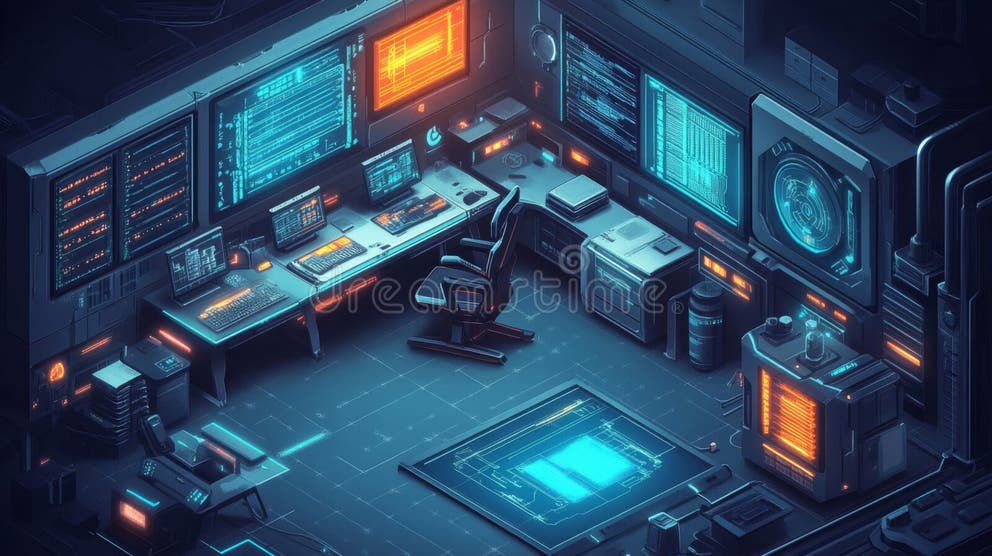 Isometric Pixel Art Control Room with Neon Lights and Detailed ...