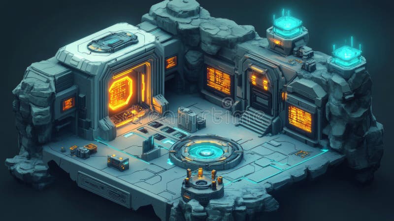 Isometric Pixel Art Digital Structure with Glowing Portal and Neon ...