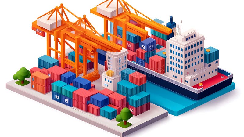 Isometric Pixel Art Illustration of a Busy Cargo Port with Container ...