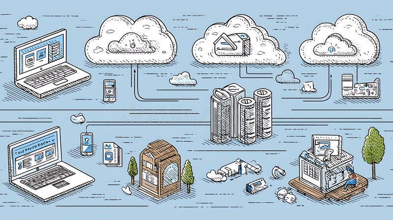 Isometric Pixel Art Illustration of Cloud Computing Network with ...