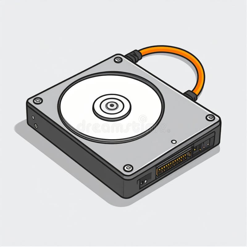 Isometric Pixel Art Illustration of a Gray Hard Drive with Orange Cable ...
