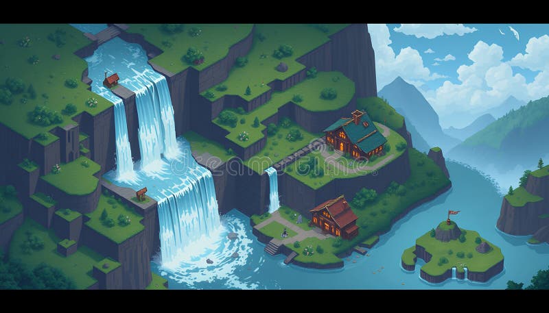 Isometric Pixel Art Landscape Featuring a Multi-tiered Waterfall ...