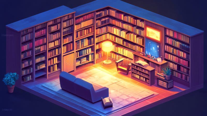 Isometric Pixel Art Library Interior at Night Stock Illustration ...