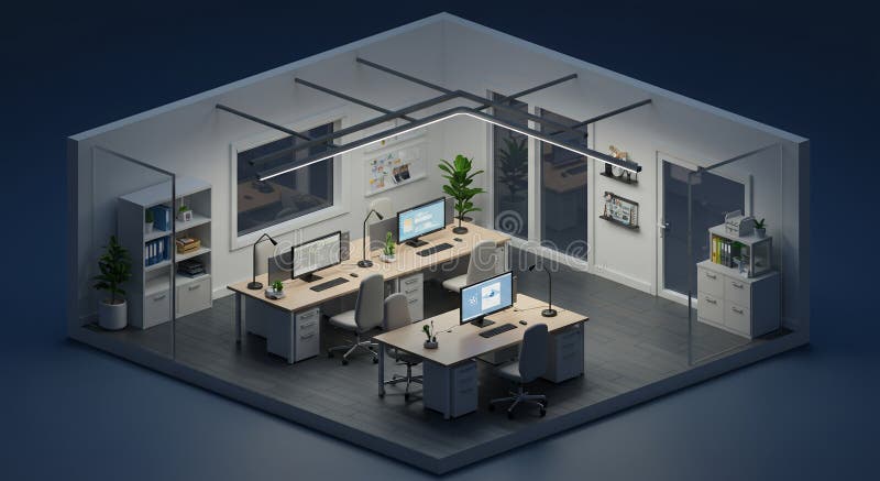 Isometric Pixel Art of Modern Office Interior at Night with Multiple Workstations Stock ...