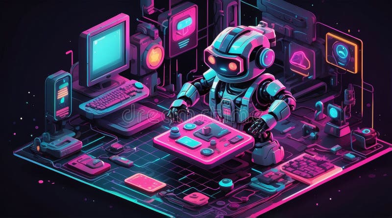 Isometric Pixel Art Robot with Glowing Controller and Retro UI Stock ...