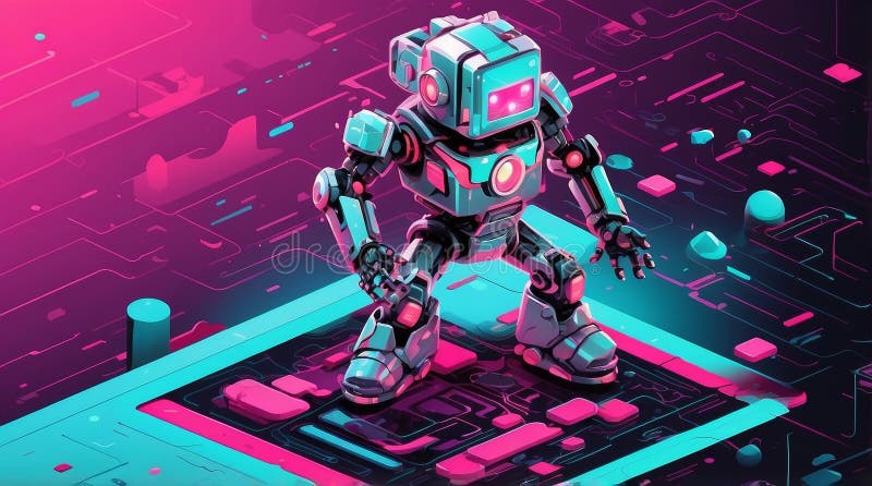 Isometric Pixel Art Robot with Glowing Controller and Retro UI Stock ...