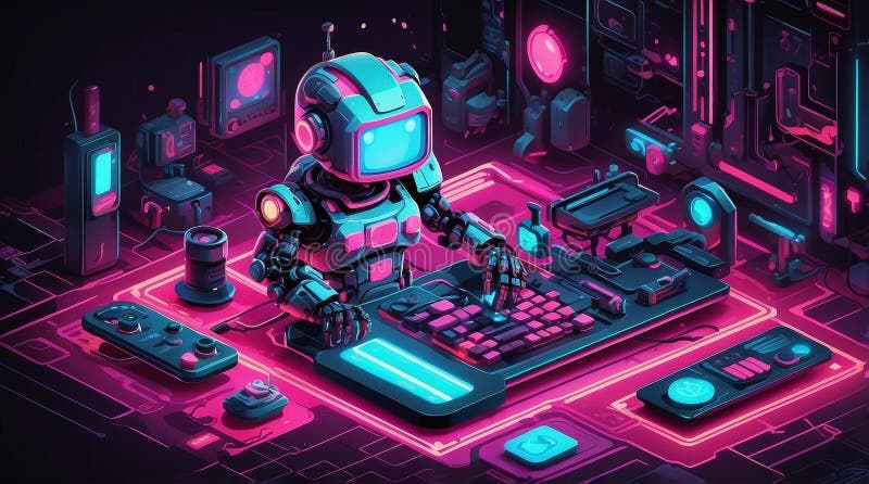 Isometric Pixel Art Robot with Glowing Controller and Retro UI Stock ...