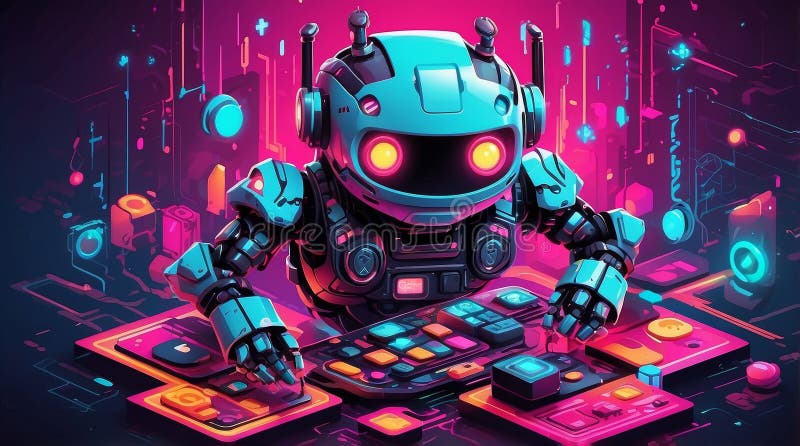 Isometric Pixel Art Robot with Glowing Controller and Retro UI Stock ...