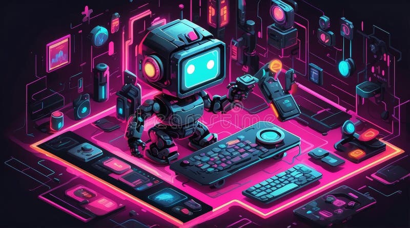 Isometric Pixel Art Robot with Glowing Controller and Retro UI Stock ...