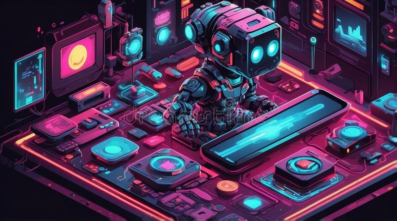 Isometric Pixel Art Robot with Glowing Controller and Retro UI Stock ...