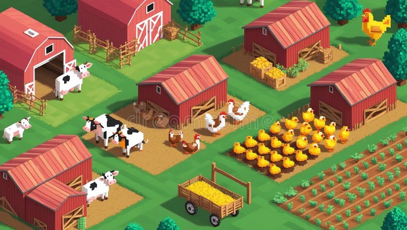 Isometric Pixel Farm with Animals, Barns, and Fields of Crops Stock ...