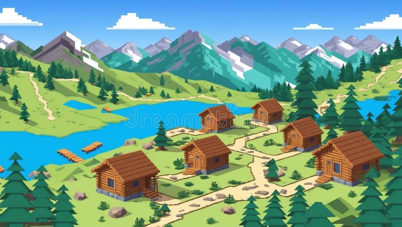 Isometric Pixel Mountain Landscape with Hiking Trails and Cabins Stock ...