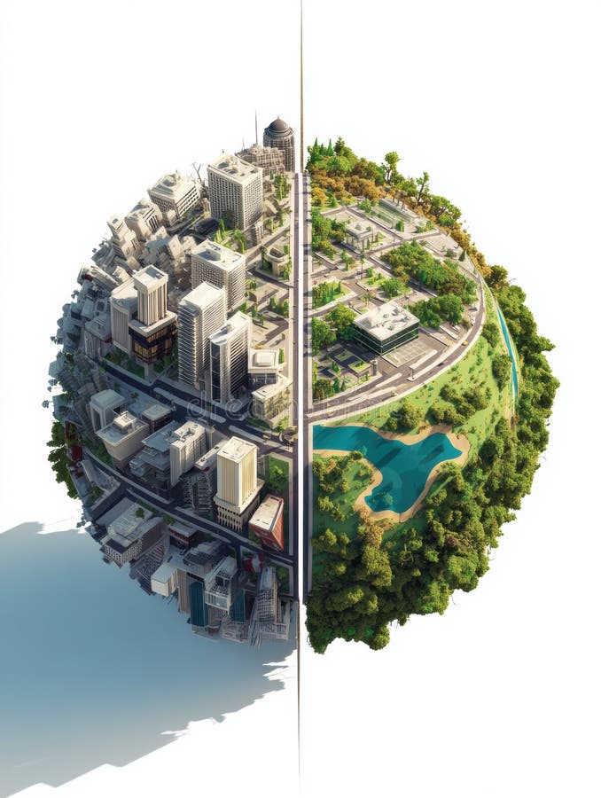 Isometric Planet Split Showcasing Urban Development Juxtaposed with ...
