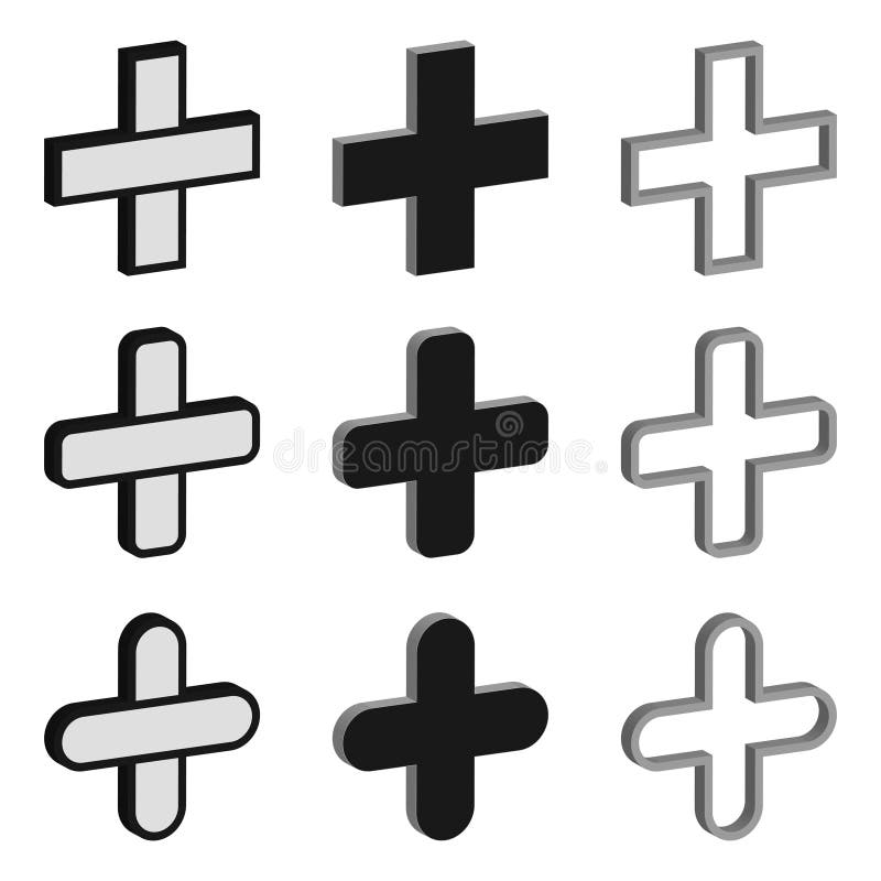 Isometric Plus Icon. Solid Sleek Form. Black Grey Design. Vector Glossy ...