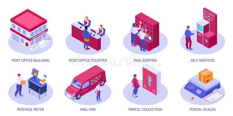 Isometric Post Office Compositions Stock Illustration - Illustration of ...