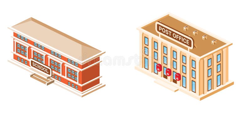 Isometric Post Office and School Building Isolated on White Background ...