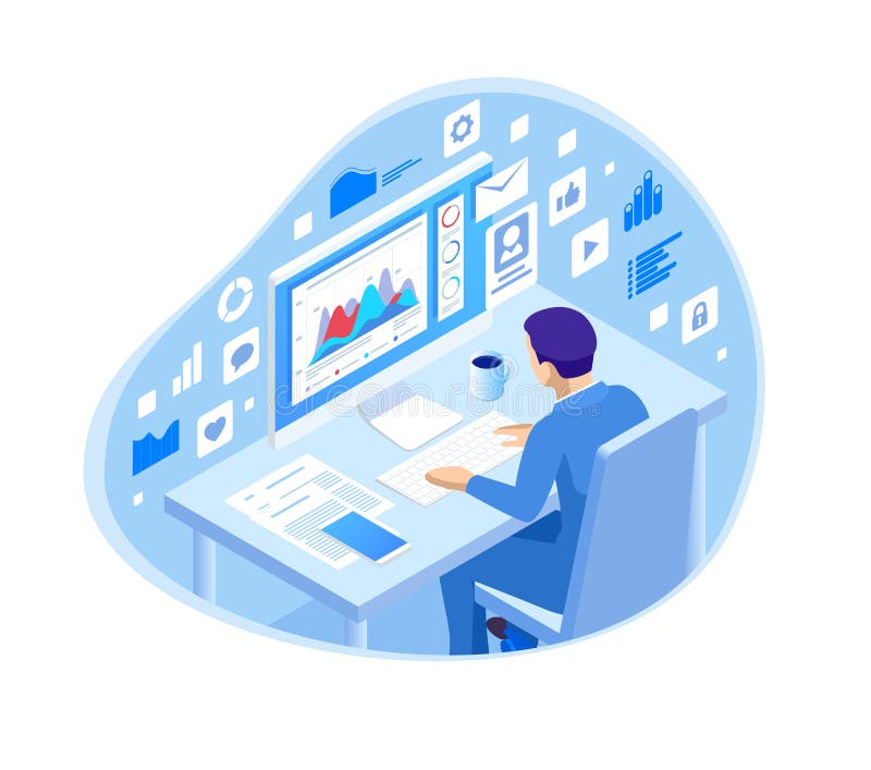 Isometric Programmer Coding New Project Sitting On Computer With Command Line Web Development