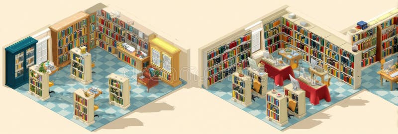 Isometric Public Library Interior with Bookshelves, Study Desks, and ...