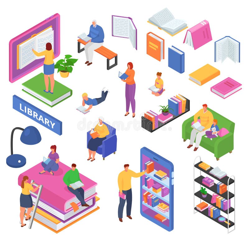 Isometric Reading Book Concept of Learning, Read Books in the Library ...