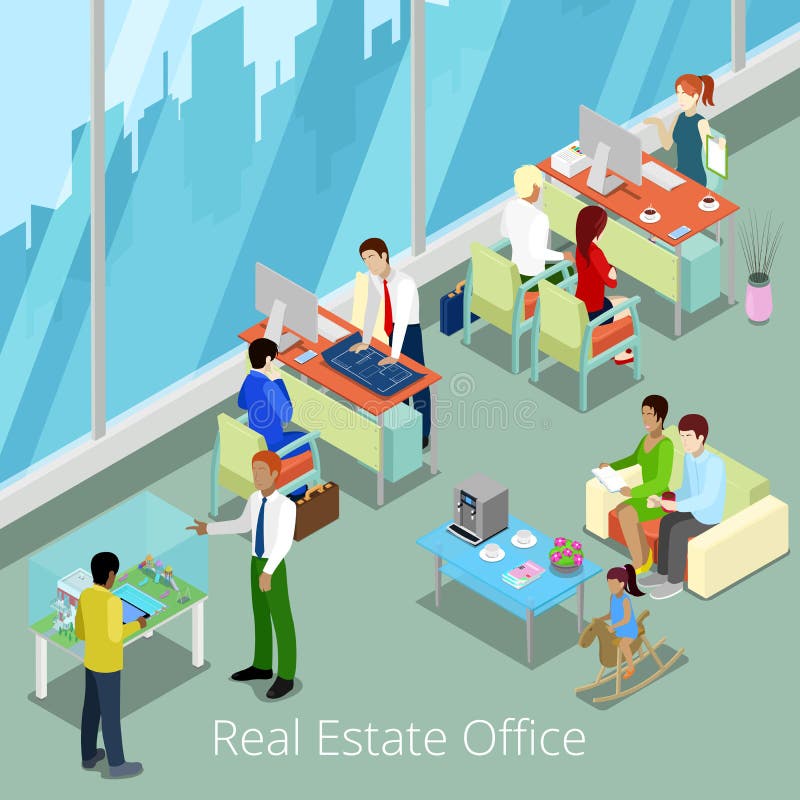 Isometric Real Estate Office. Flat 3d Interior with Managers and ...