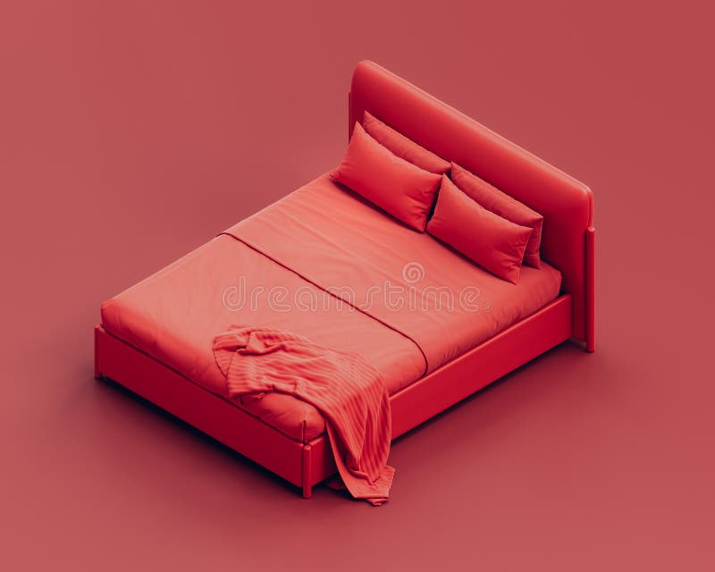 Isometric Red Bed. Monochrome Single Color Crumpled, Unfinished Messy ... Isometric Red Bed. Monochrome Single Color Crumpled, Unfinished Messy ...