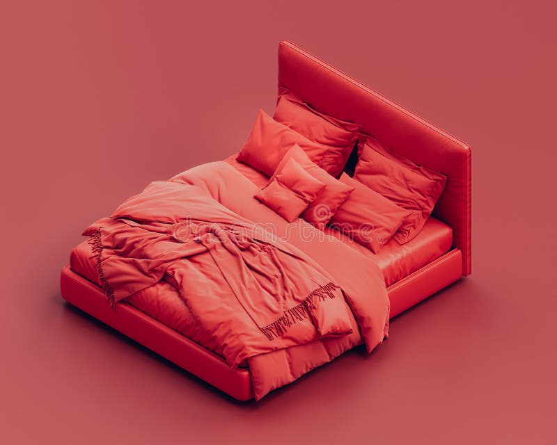 Isometric Red Bed. Monochrome Single Color Crumpled, Unfinished Messy ... Isometric Red Bed. Monochrome Single Color Crumpled, Unfinished Messy ...