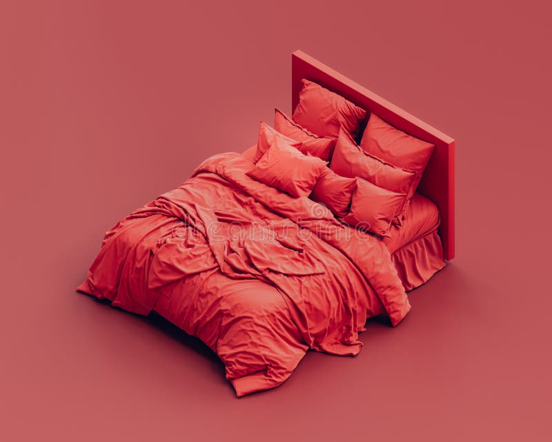 Isometric Red Bed. Monochrome Single Color Crumpled, Unfinished Messy ... Isometric Red Bed. Monochrome Single Color Crumpled, Unfinished Messy ...