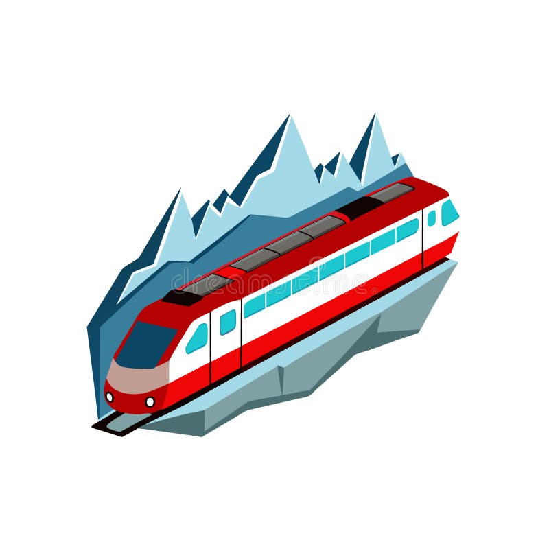 Isometric Red Train on Tracks with Mountain Scenery Stock Illustration ...