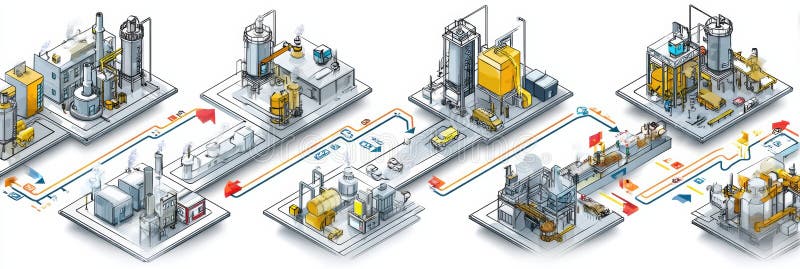 Isometric Refinery Layout Showcasing Animated Workflow Arrows Conveying ...