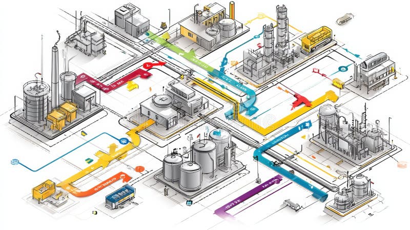 Isometric Refinery Layout Showcasing Animated Workflow Arrows between ...
