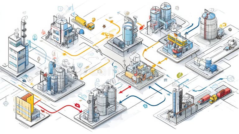 Isometric Refinery Layout Showcasing Dynamic Workflow Arrows ...