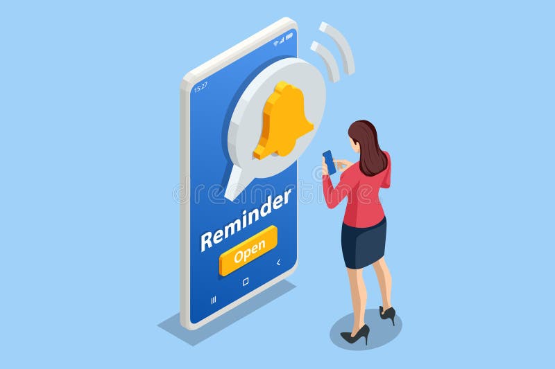 Isometric Reminder Concept. Smartphone with Alarm Clock Reminder ...