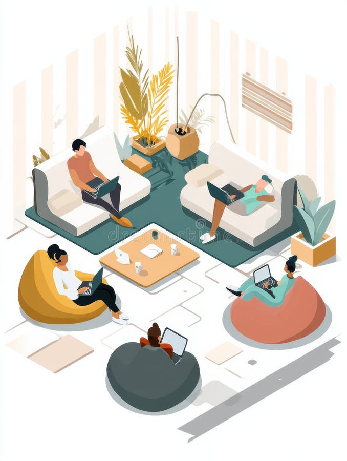 Isometric Remote Work Hub Featuring Relaxed Individuals Working on ...