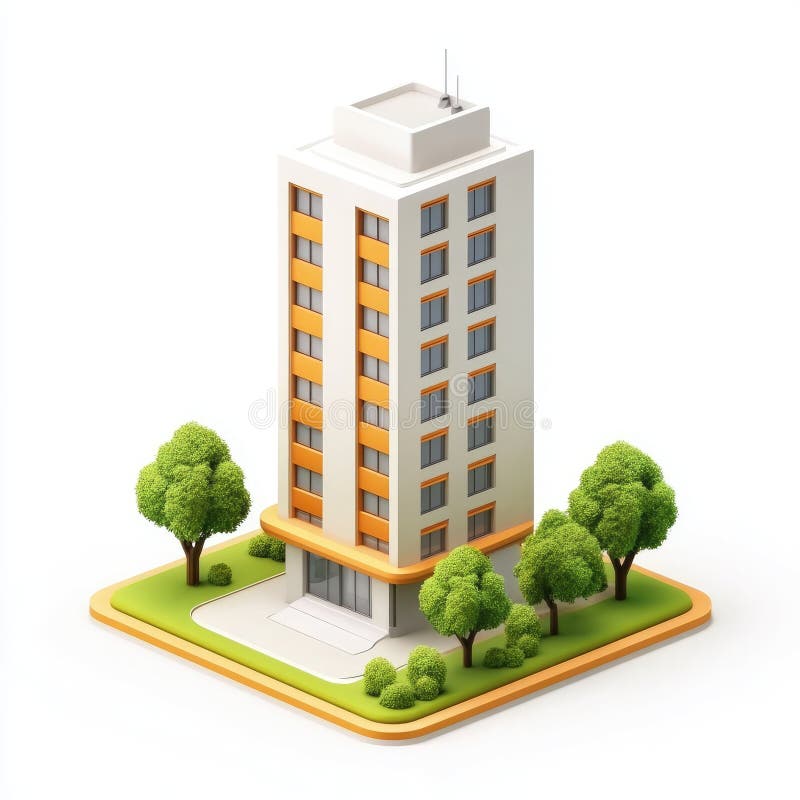 Modern Apartment Building with Lush Green Landscaping, Isometric View ...