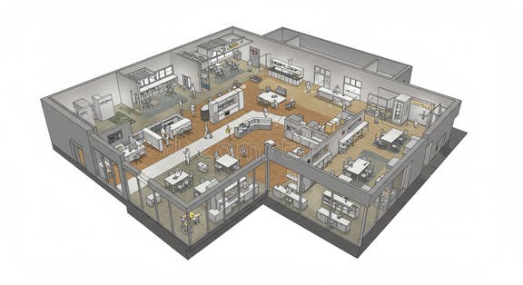 Isometric Rendering of an Office Interior with Multiple Rooms. the ...