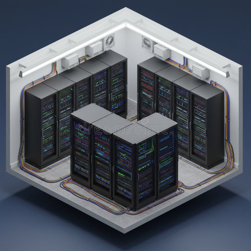 Isometric Rendering of a Server Room Featuring Multiple Black Server ...