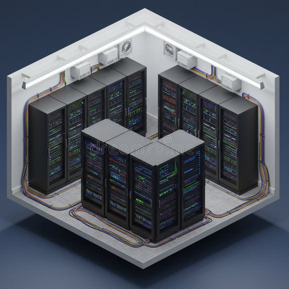 Isometric Rendering of a Server Room Featuring Multiple Black Server ...