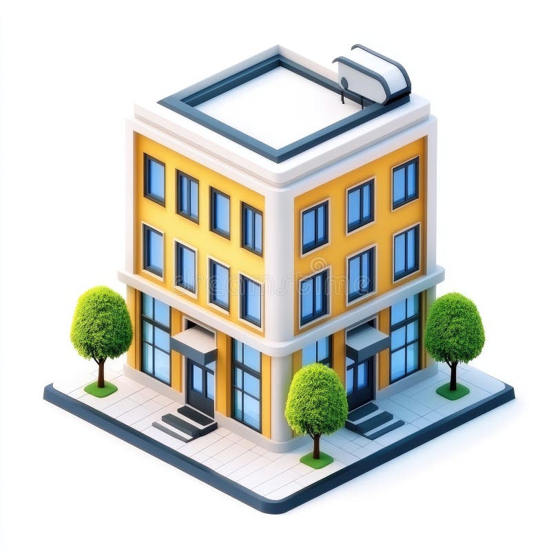 Charming Yellow Three-Story Building with Green Trees Stock ...