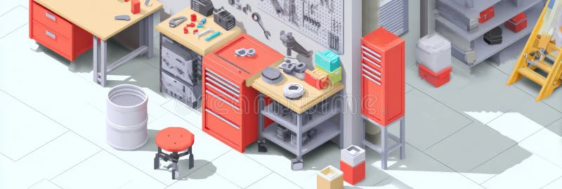 Isometric Repair Workshop Design Featuring Detailed Workstations and ...