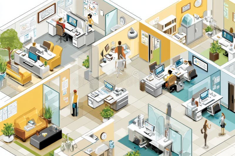 Isometric Representation of a Modern Office Layout Featuring Employees ...