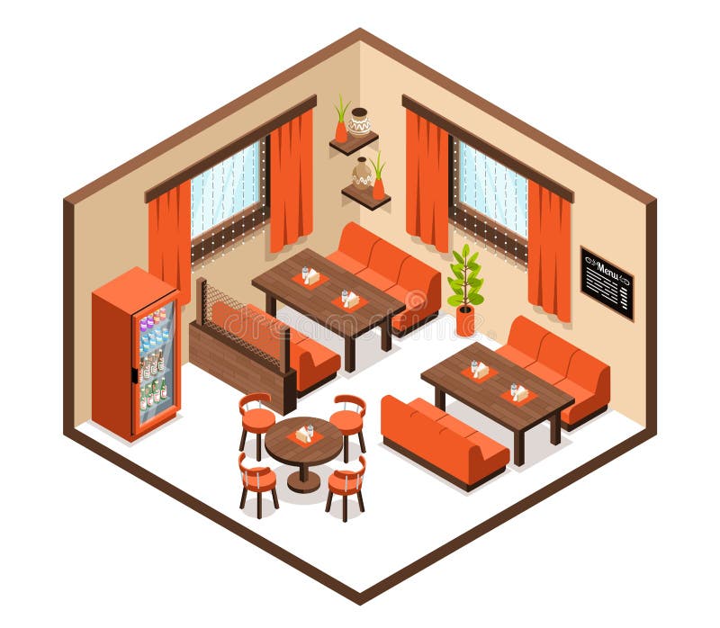 Isometric Restaurant Interior Set Stock Vector - Illustration of room ...