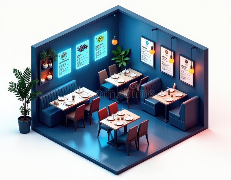 Isometric Restaurant Interior Design Modern Blue Bistro with ...