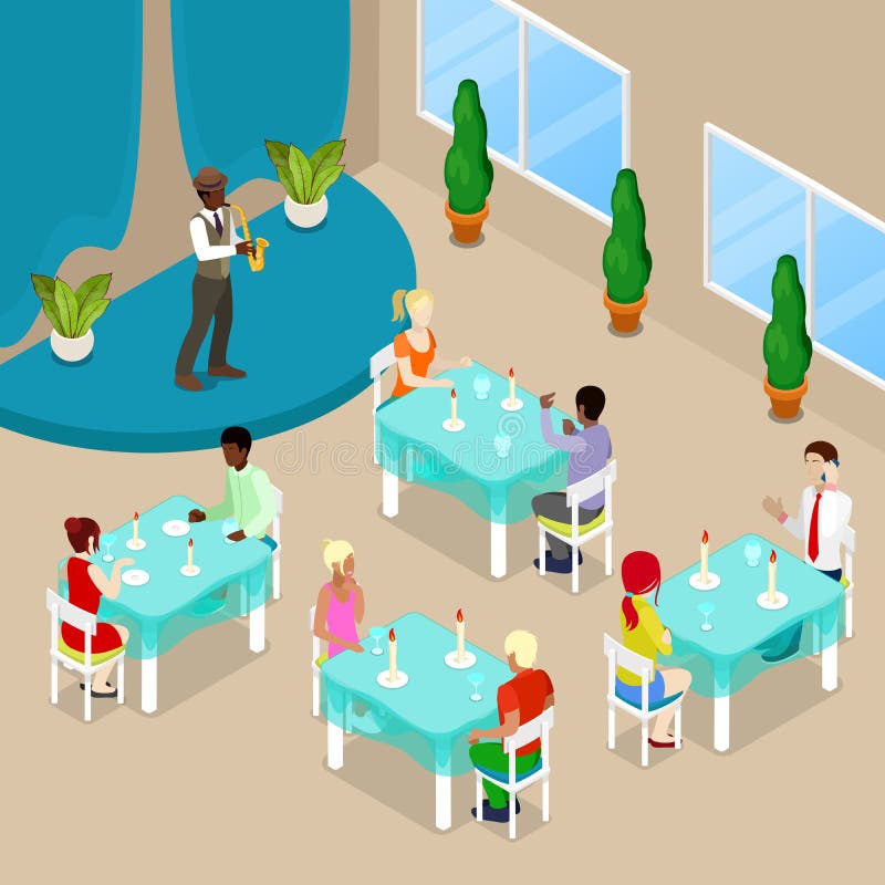 Isometric Restaurant Interior. People Eating in Luxury Restaurant Stock ...