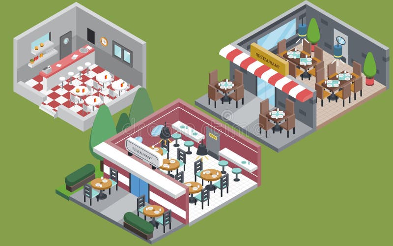 Isometric Restaurant Interior Set Stock Vector - Illustration of design ...