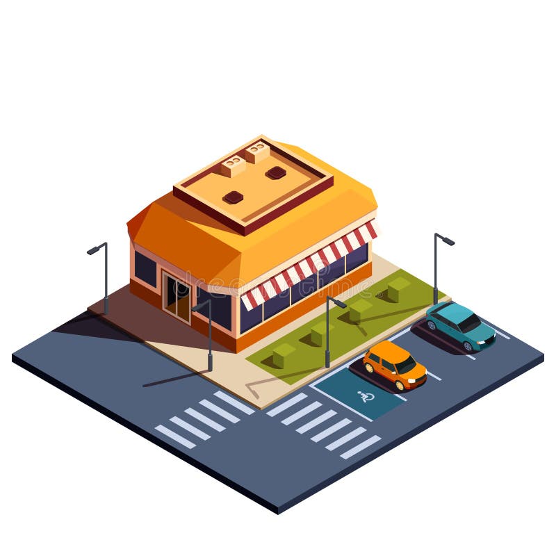 Isometric Restaurant with Street Parking Stock Illustration ...
