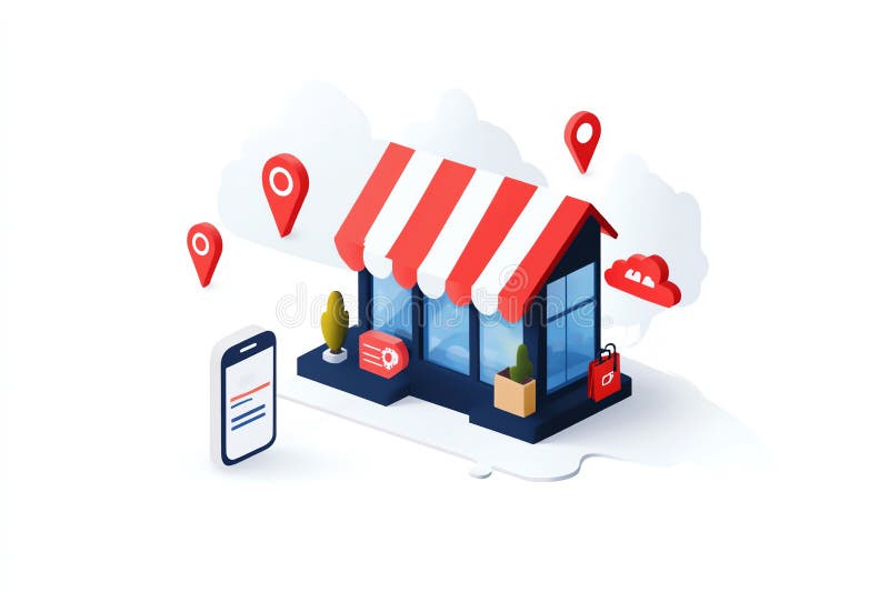 Isometric Retail Store Illustration with Location Markers and ...